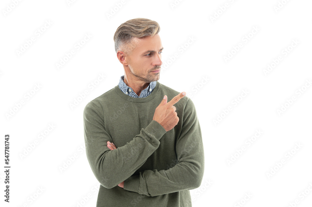 mature grizzled guy with stubble pointing finger isolated on white ...