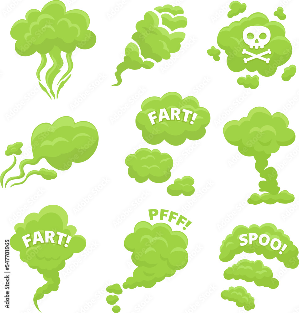 Flat vector illustration collection of stinky clouds with skull, pfff ...