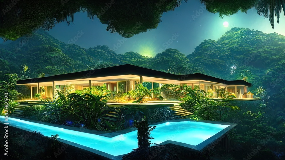 Large modern mansion, architecture house with a swimming pool, night ...