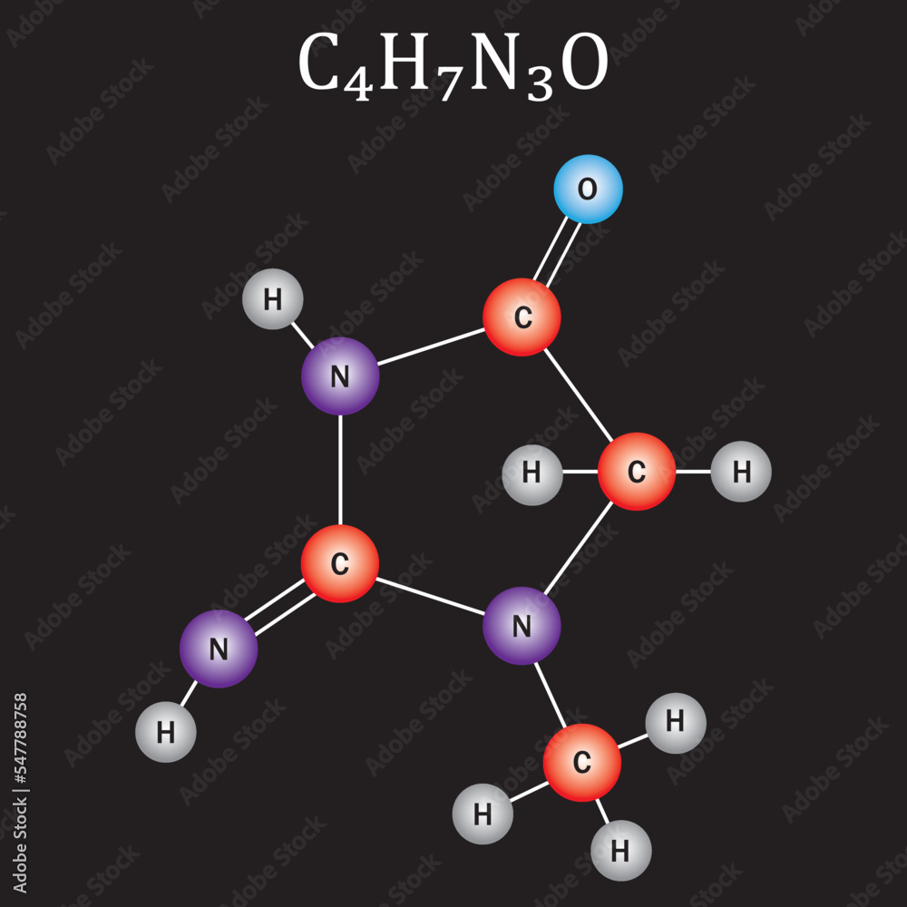 Creatinine molecule. Structural chemical formula 3d.Educational content ...