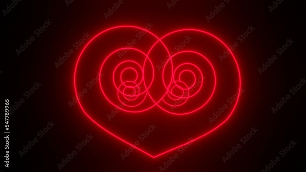 Beautiful neon red heart is drawn from archimedian spirals. Yellow ...