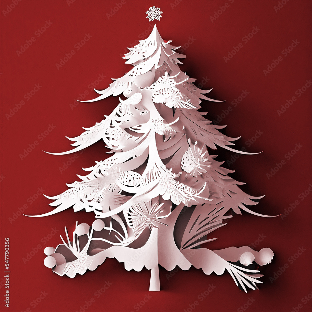 Christmas tree as 3d paper cut craft on red background Stock ...