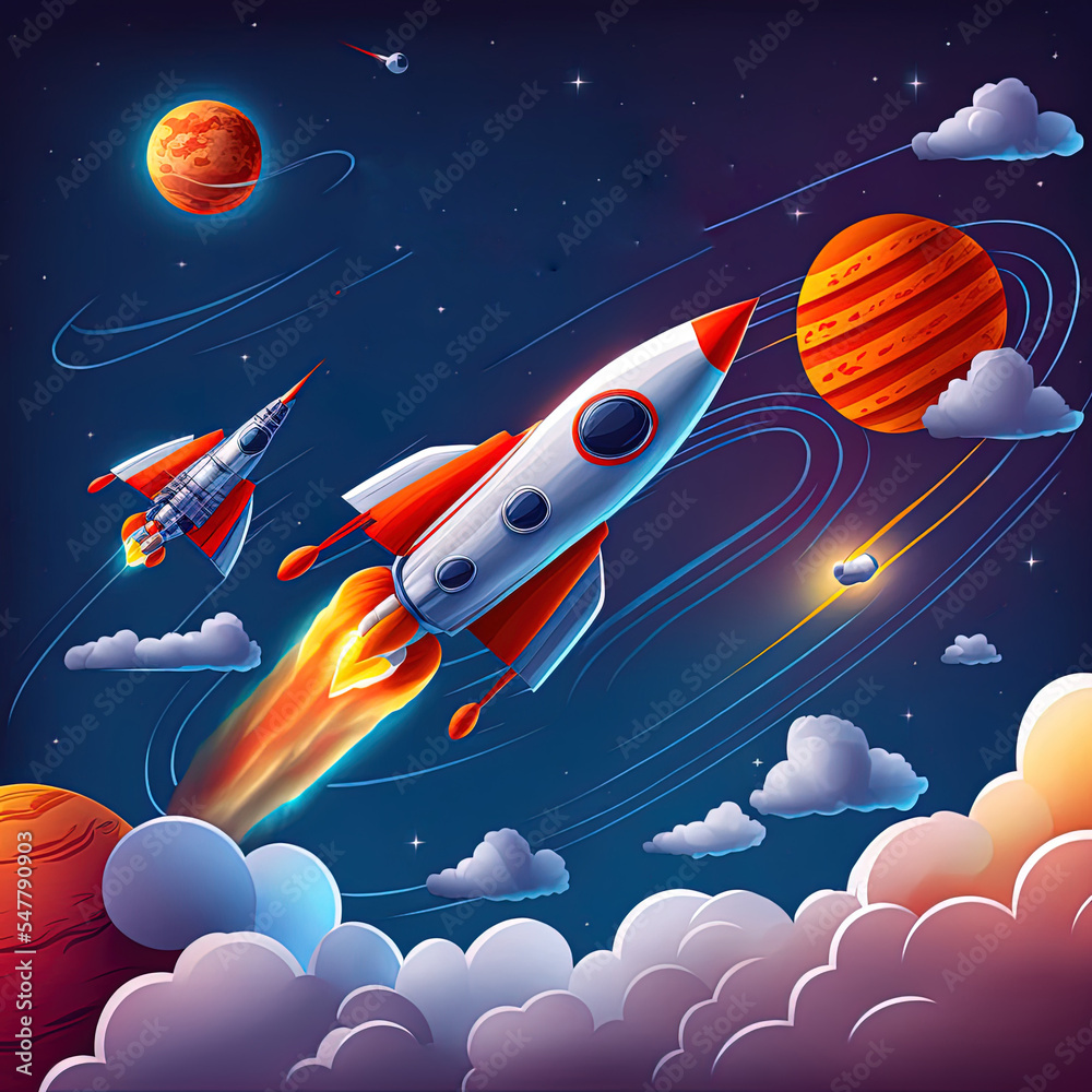 Flying space rocket in the sky with clouds. Spaceship in space around ...