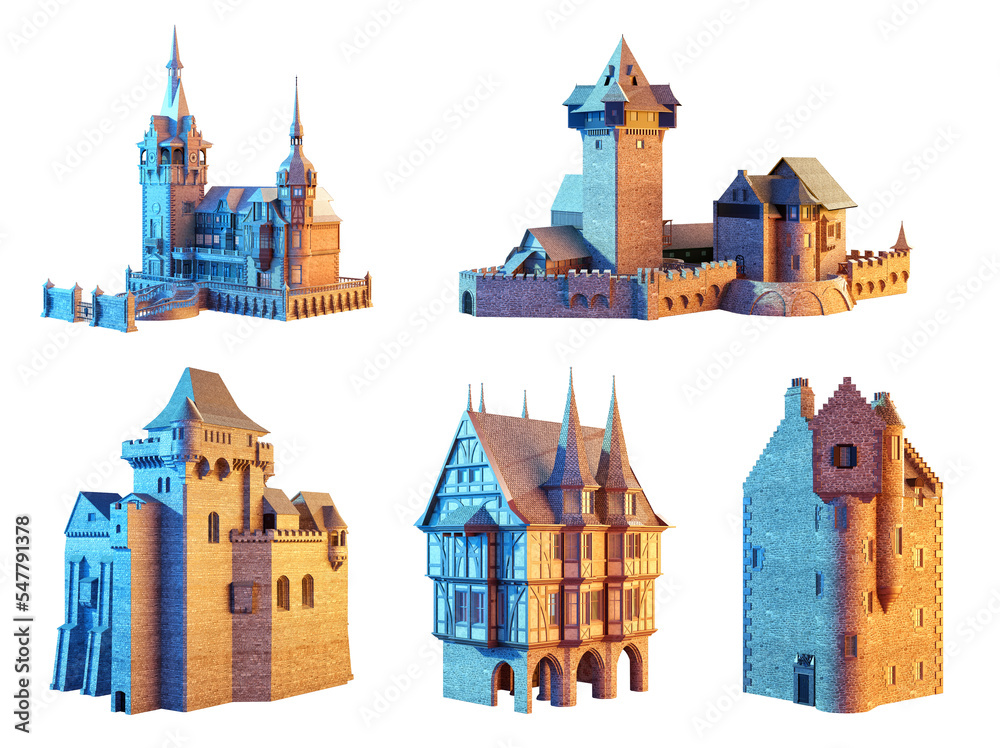 European medieval fantasy town buildings set. Ancient Europe fairytale ...