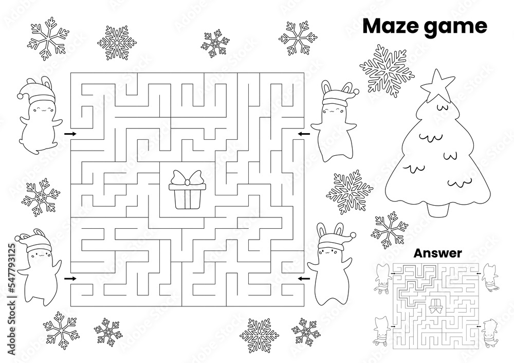 Christmas maze game with answer. Coloring page. New Year symbol - bunny ...