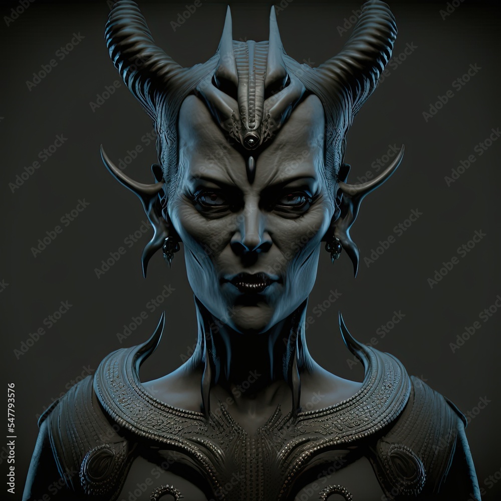 Female demon beast from hell. Pointy ears woman with black horns. 3d ...
