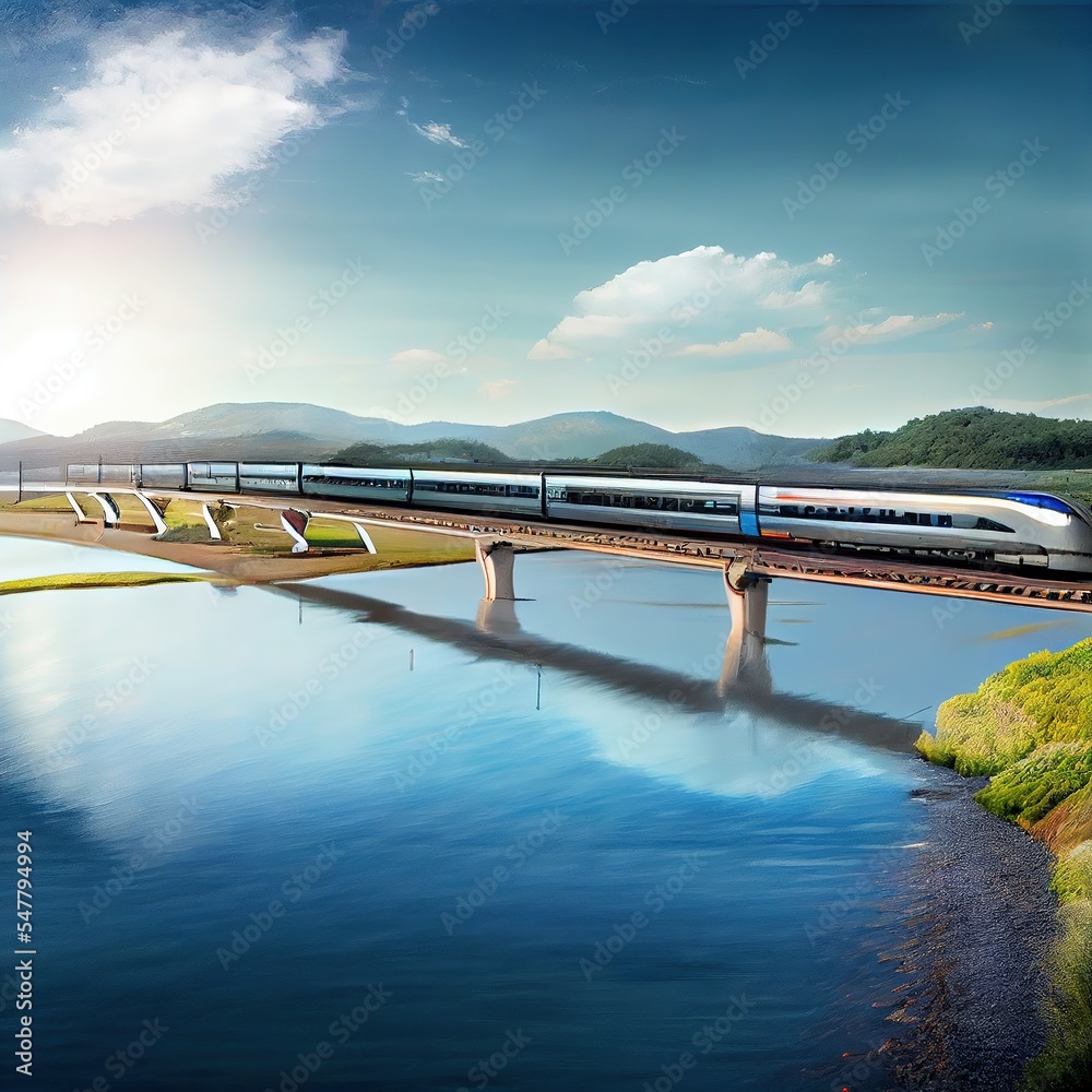 Modern speed train crossing the bridge over the river. Fast speed ...