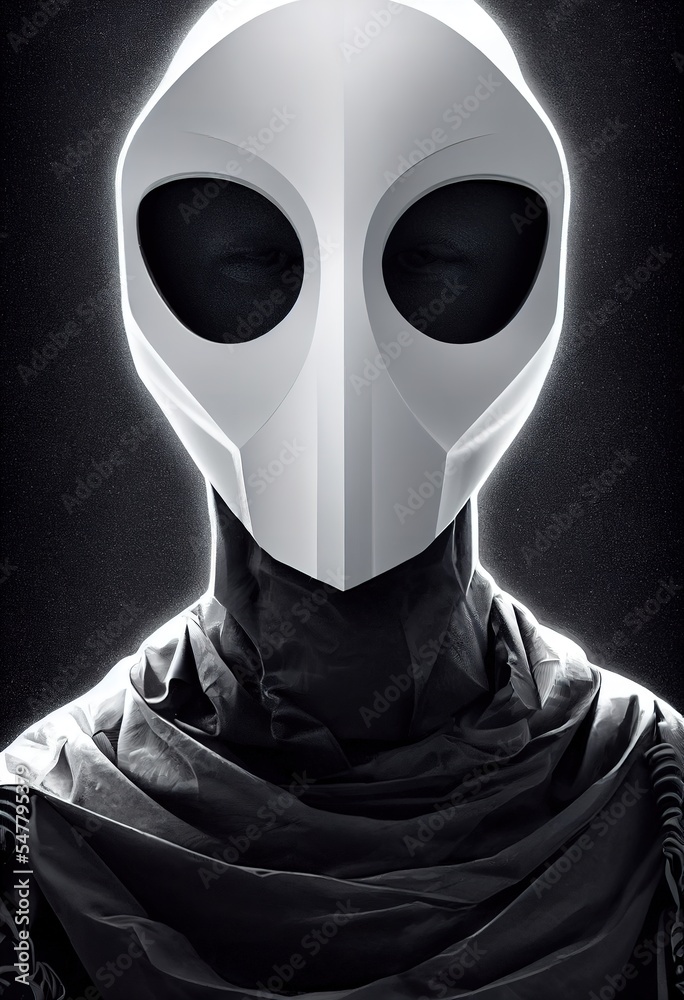 Unrecognisable person in futuristic mask on the face, and hood on the ...