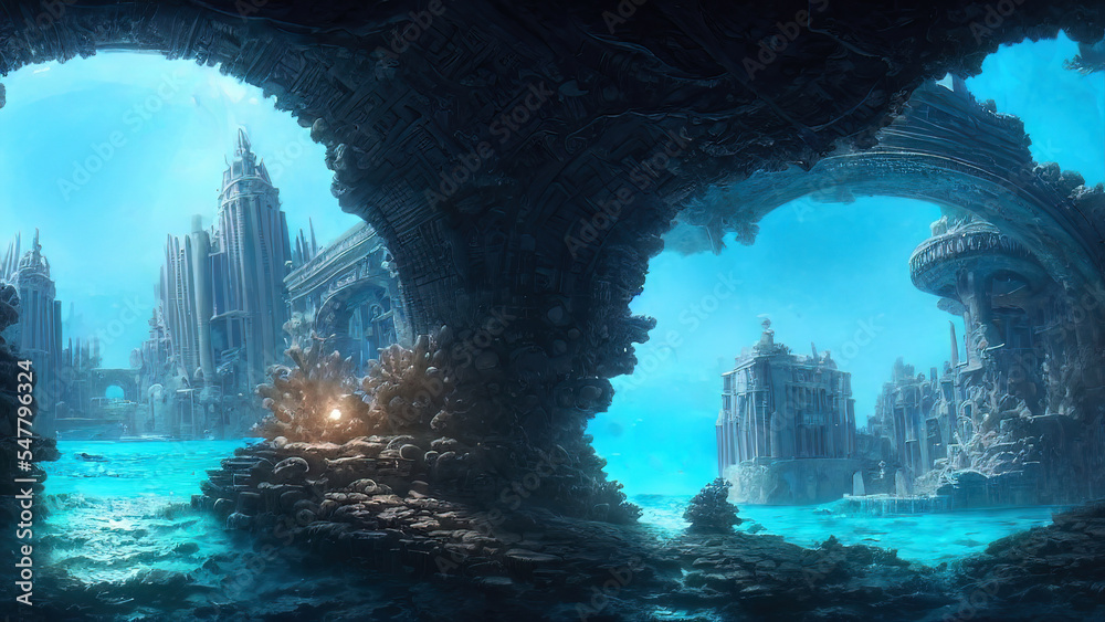 Ancient majestic sunken city of Atlantis civilization. Fantasy city at ...