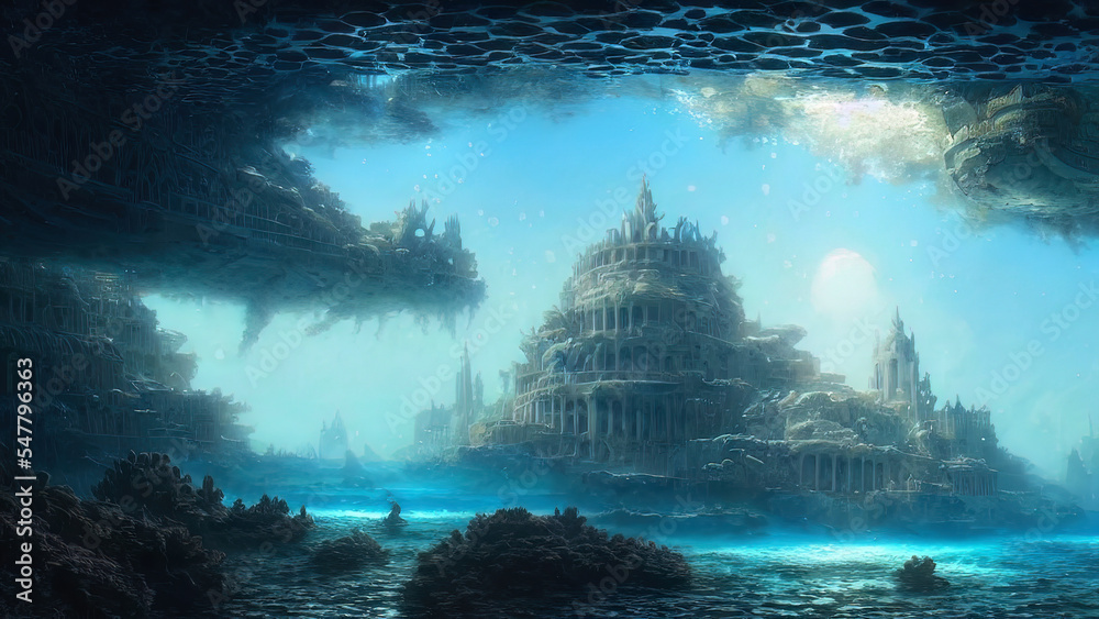 Ancient majestic sunken city of Atlantis civilization. Fantasy city at ...