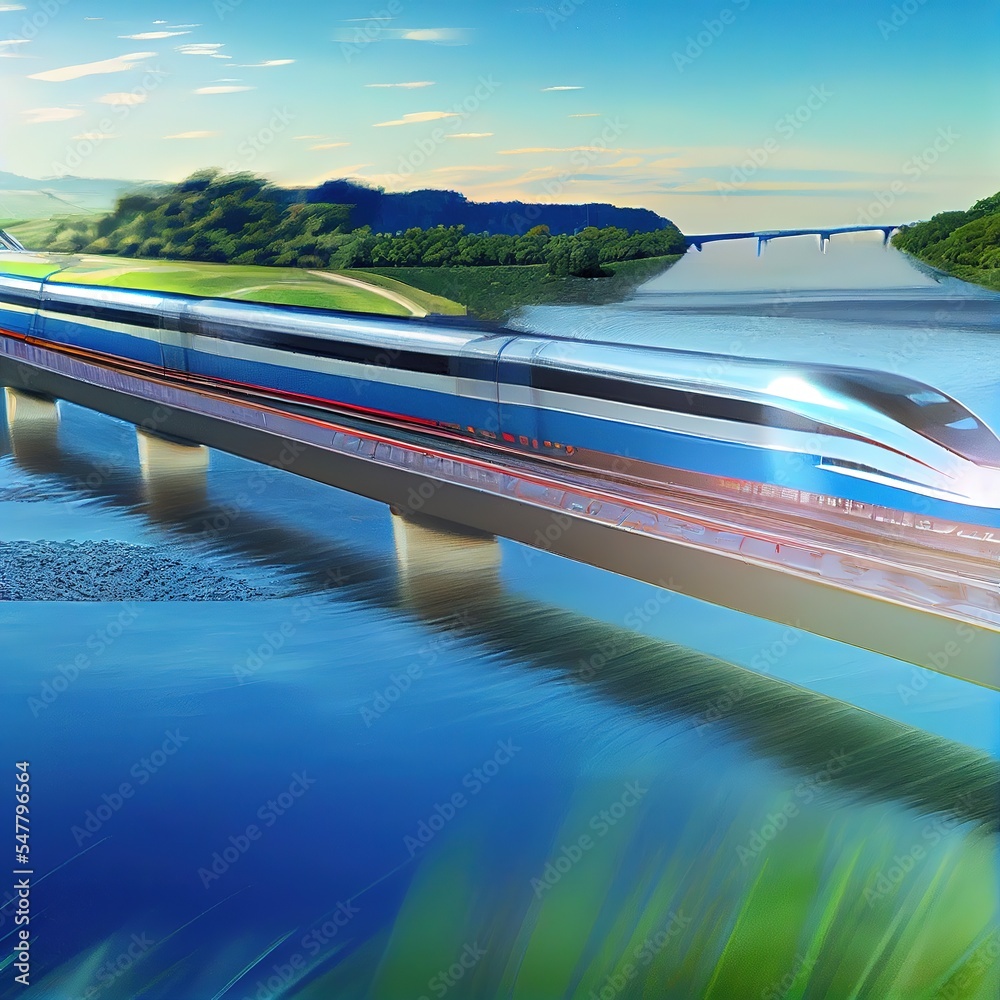 Modern bullet train crossing the bridge over the river. Fast speed ...