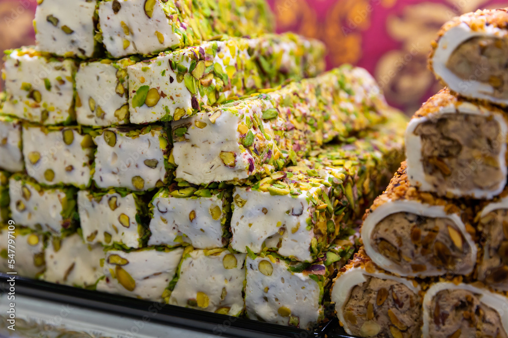Turkish delight of various varieties on showcase. Turkish delight Stock ...