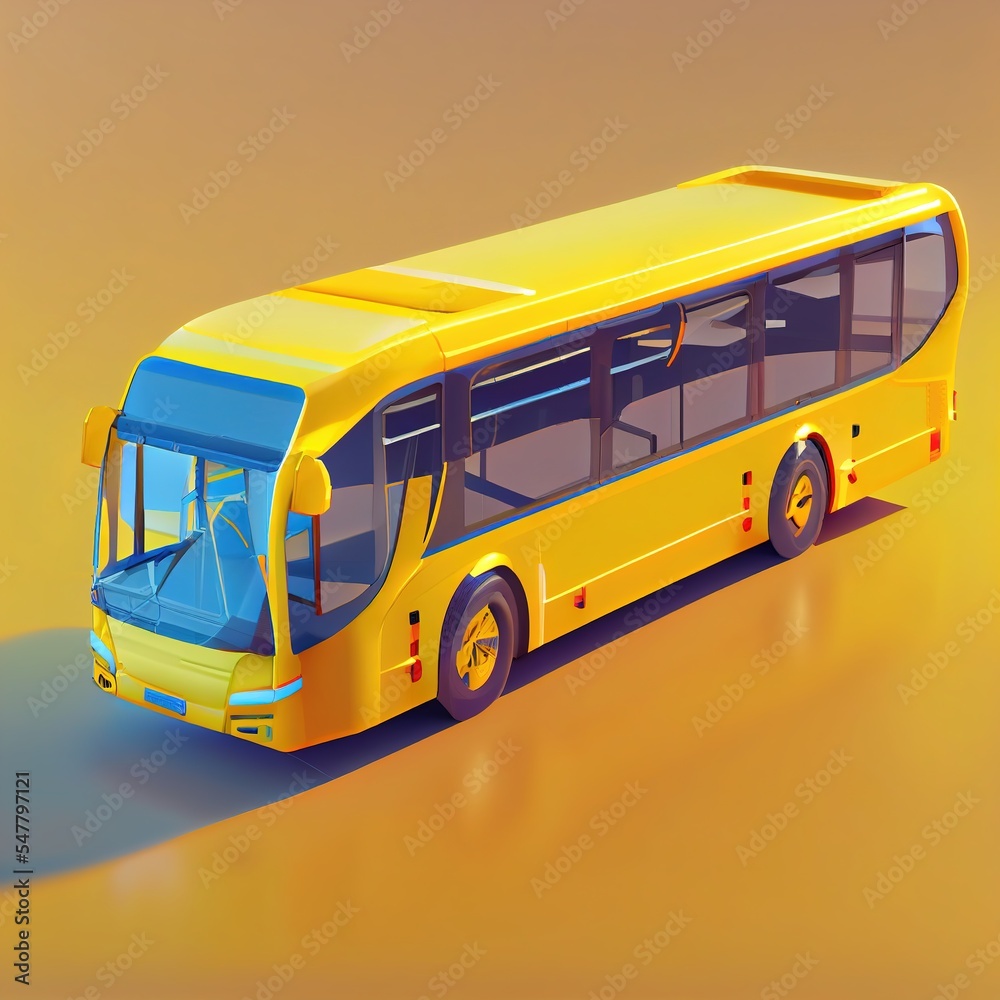 Isometric cartoon yellow bus model isolated on clean yellow background ...