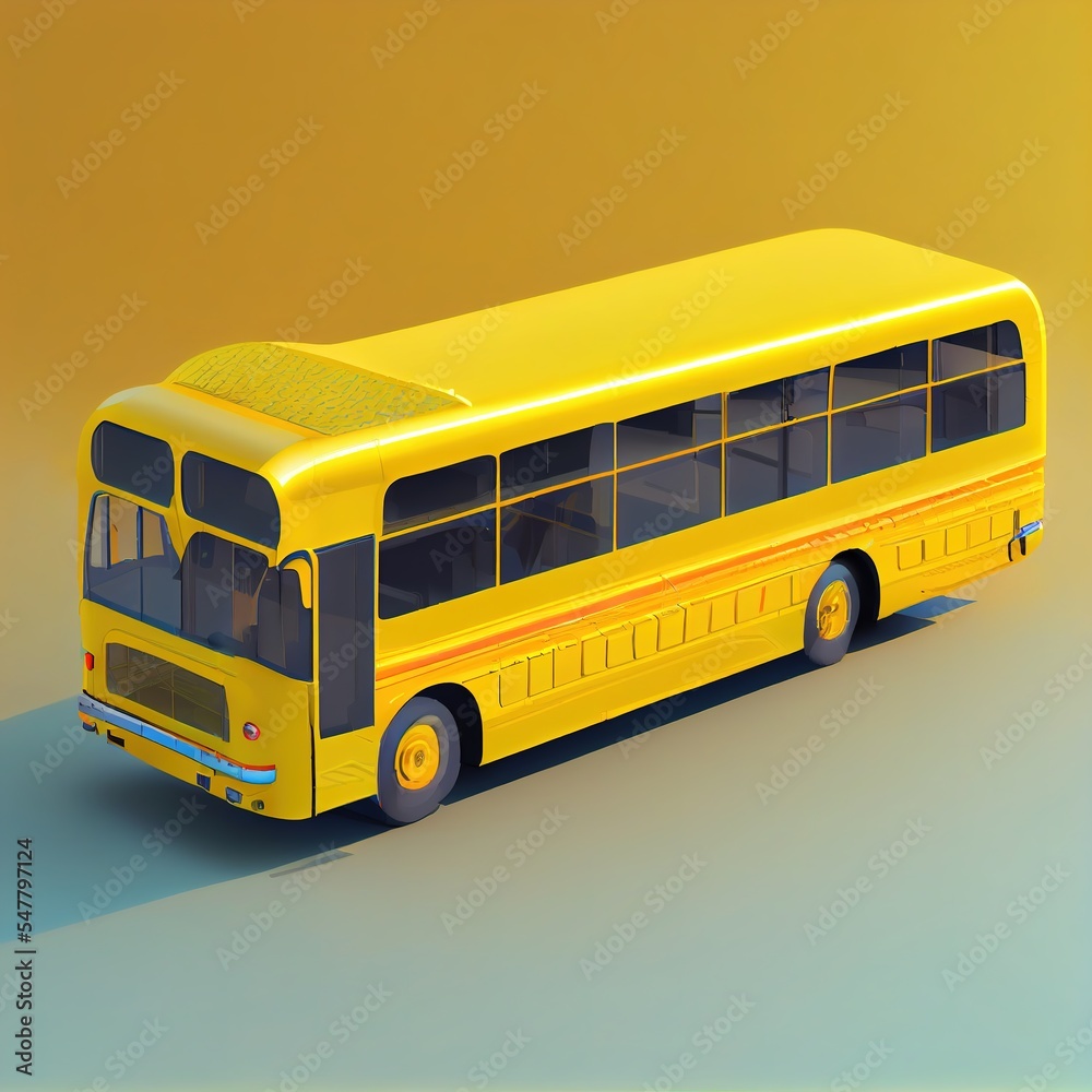 Isometric cartoon yellow bus model isolated on clean yellow background ...