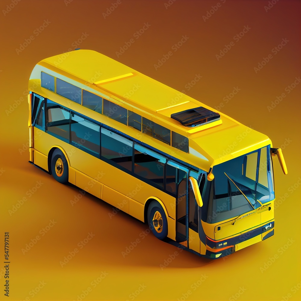 Isometric cartoon yellow bus model isolated on clean yellow background ...