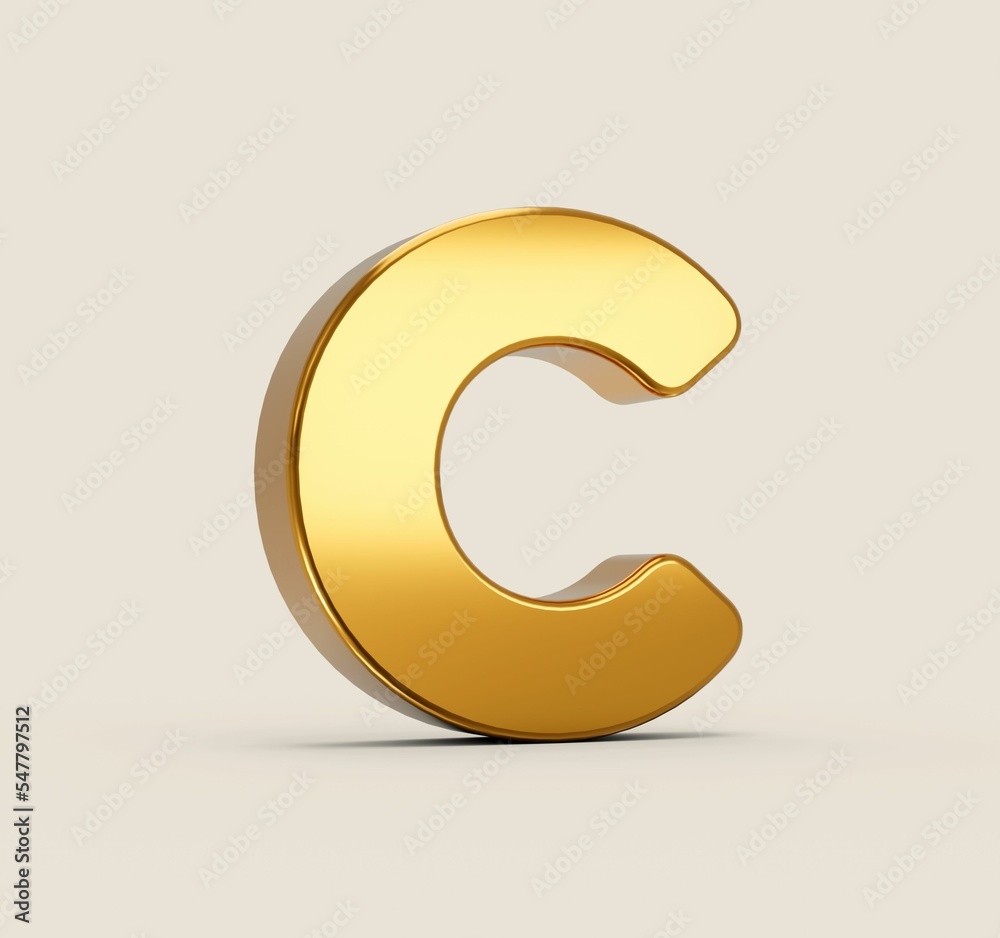 3d render design of golden C alphabet on beige background with shadow ...
