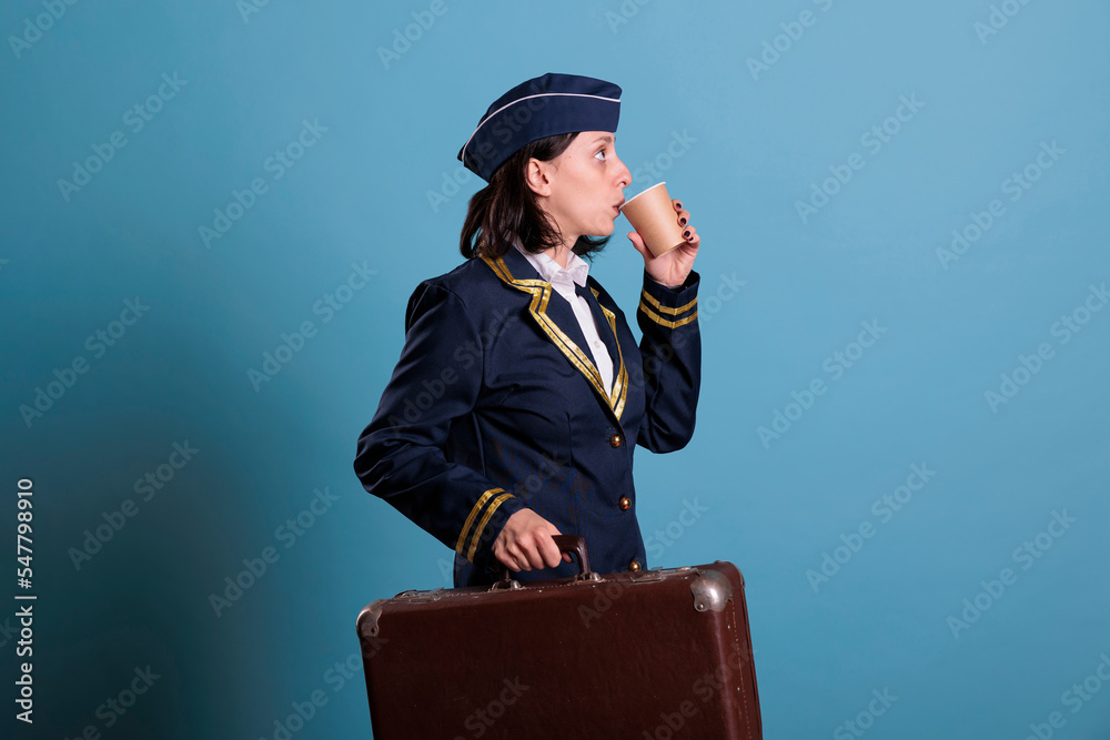 Stewardess in professional airline uniform carrying baggage, while ...