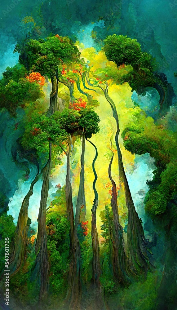 Abstract magical fantasy woods - vibrant autumn fall colors, misty fog ...