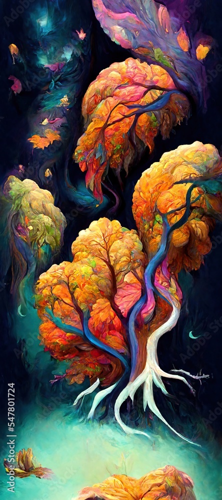 Abstract magical fantasy woods - vibrant autumn fall colors, misty fog ...