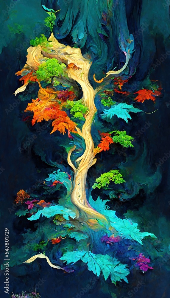 Abstract magical fantasy woods - vibrant autumn fall colors, misty fog ...