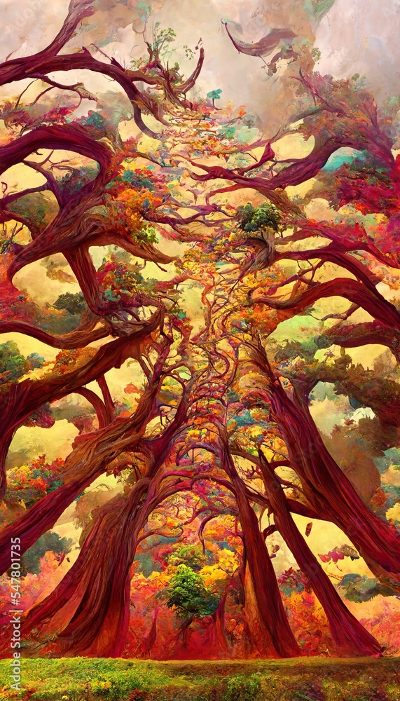 Abstract magical fantasy woods - vibrant autumn fall colors, misty fog ...