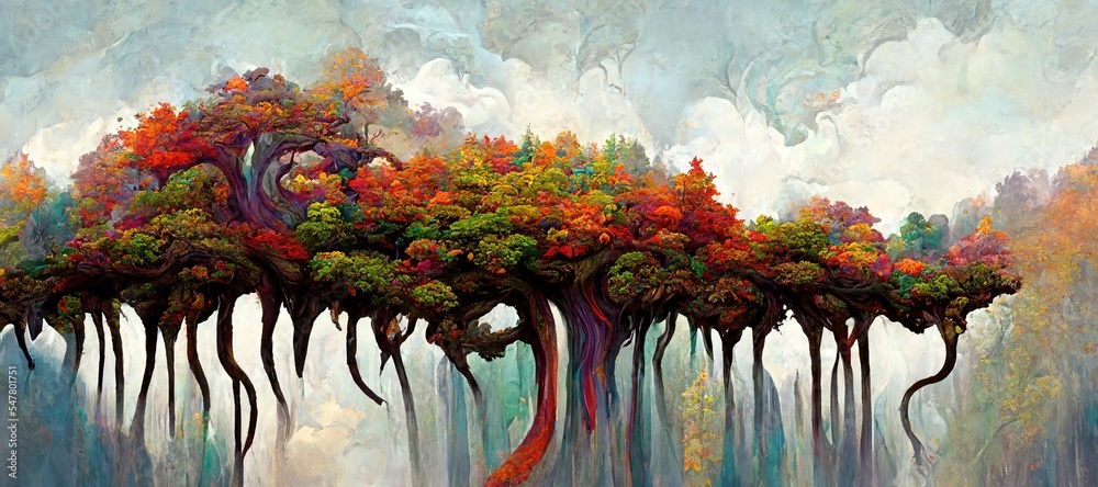 Abstract magical fantasy woods - vibrant autumn fall colors, misty fog ...