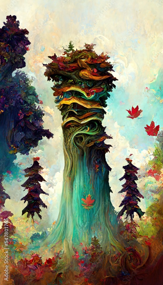 Abstract magical fantasy woods - vibrant autumn fall colors, misty fog ...