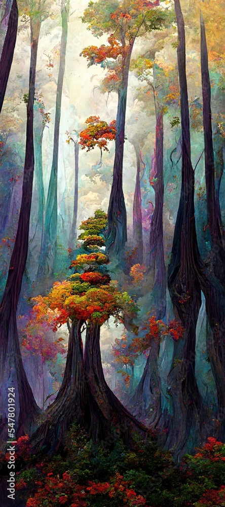 Abstract magical fantasy woods - vibrant autumn fall colors, misty fog ...