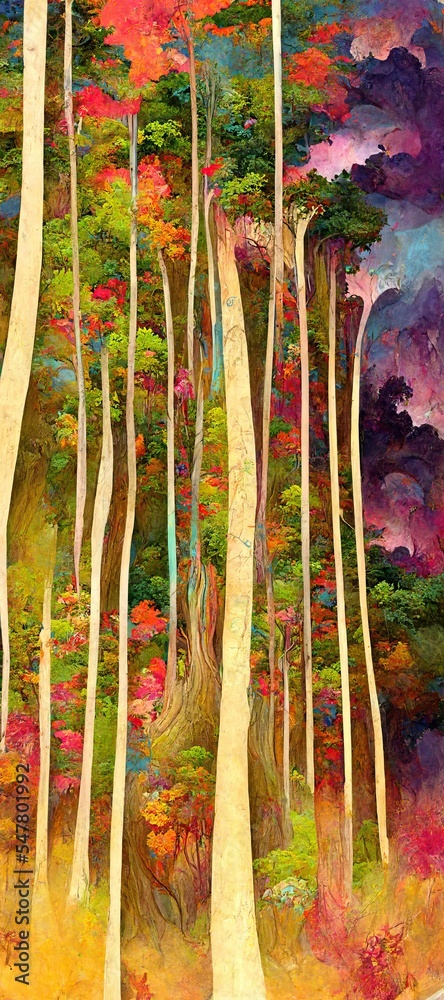 Abstract magical fantasy woods - vibrant autumn fall colors, misty fog ...