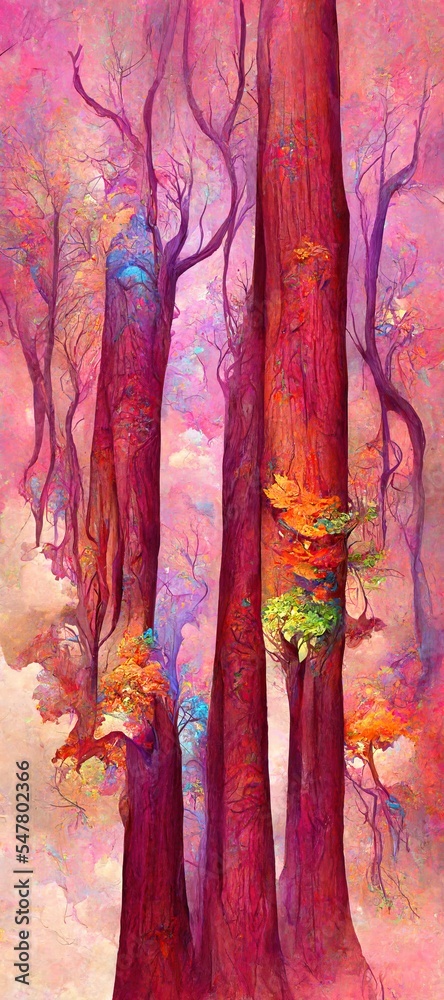 Abstract magical fantasy woods - vibrant autumn fall colors, misty fog ...