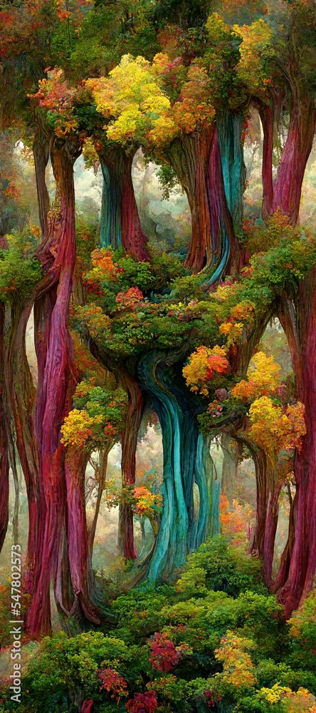 Abstract magical fantasy woods - vibrant autumn fall colors, misty fog ...