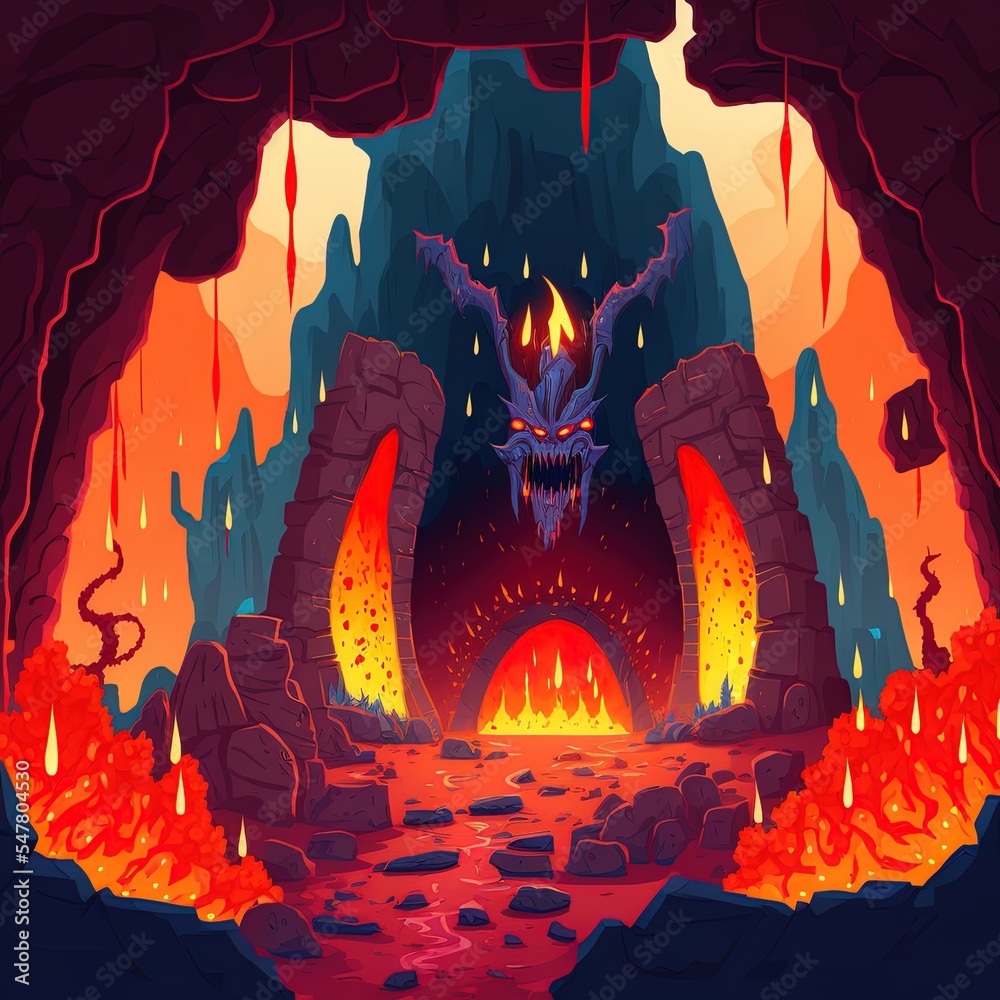 Underground cave, entrance to hell or infernal world with lava, devil altar with stone horns and ...