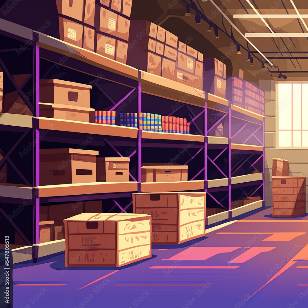 Warehouse interior with cardboard boxes on metal racks. 2d illustrated ...