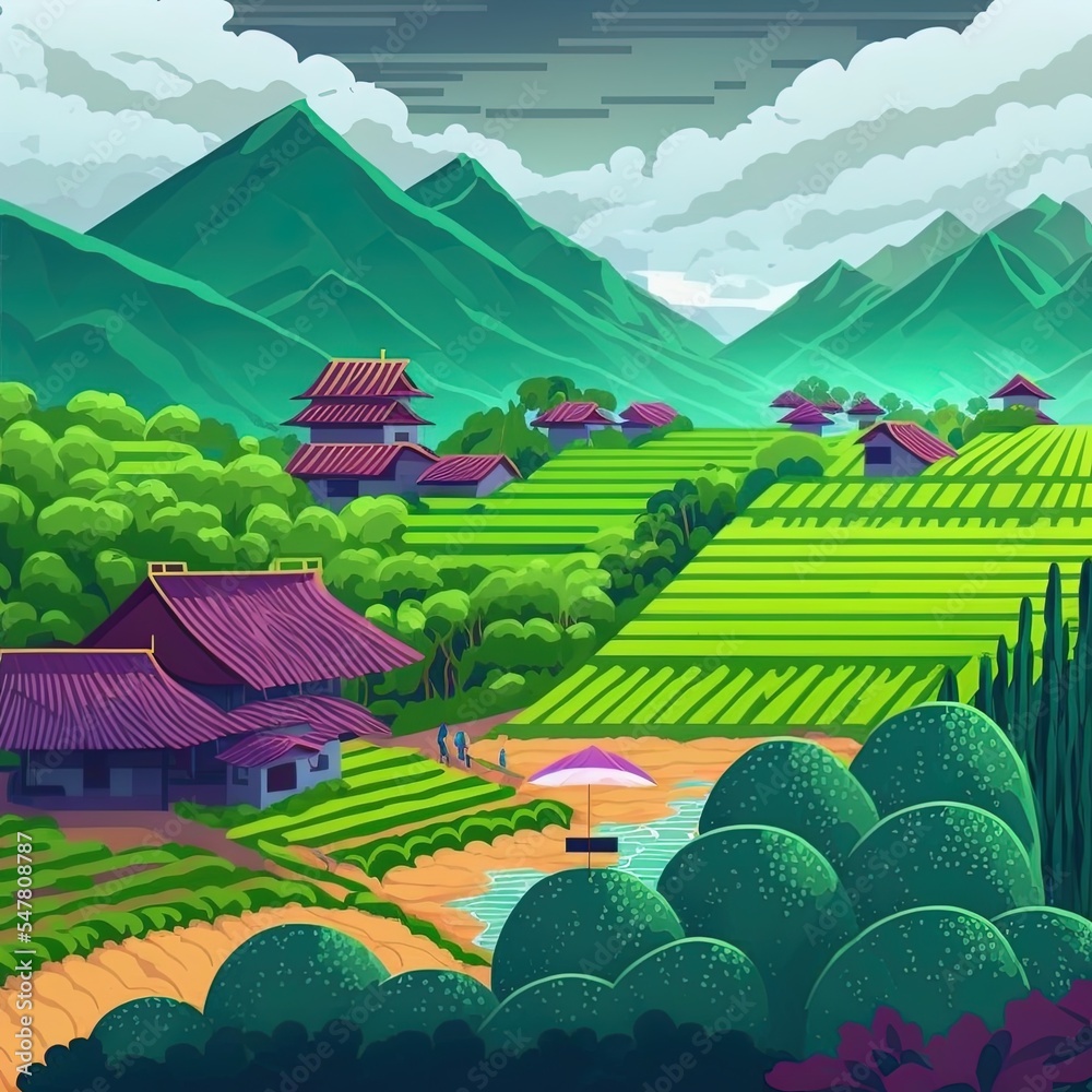 People work on rice fields in rain. Green paddy terraces and farm ...