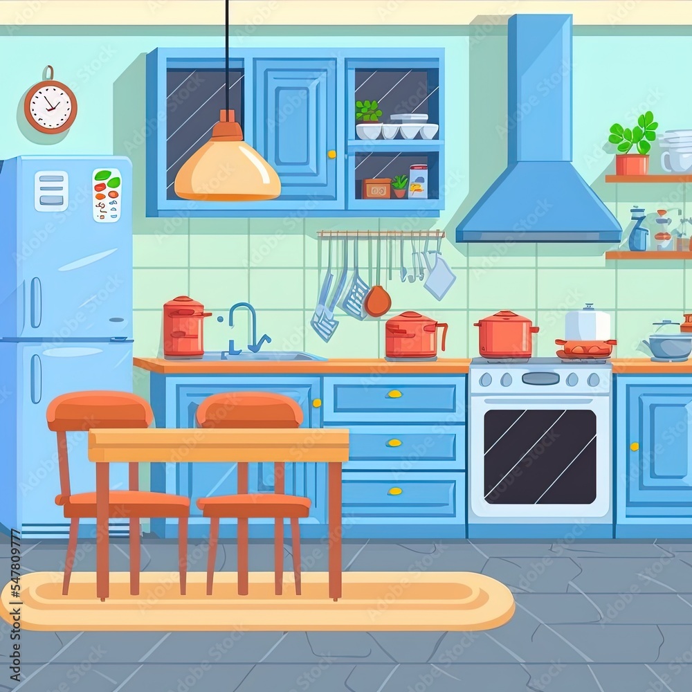 Kitchen interior witn furniture cartoon 2d illustrated illustration ...