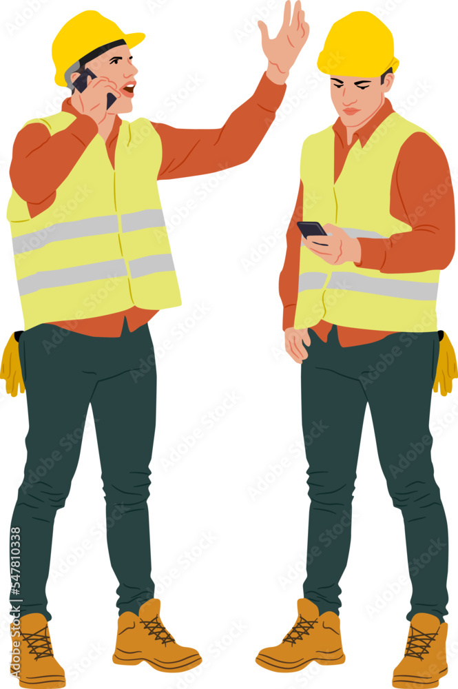 Construction worker speaking on the mobile phone wearing helmet and vest. Hand-drawn vector ...