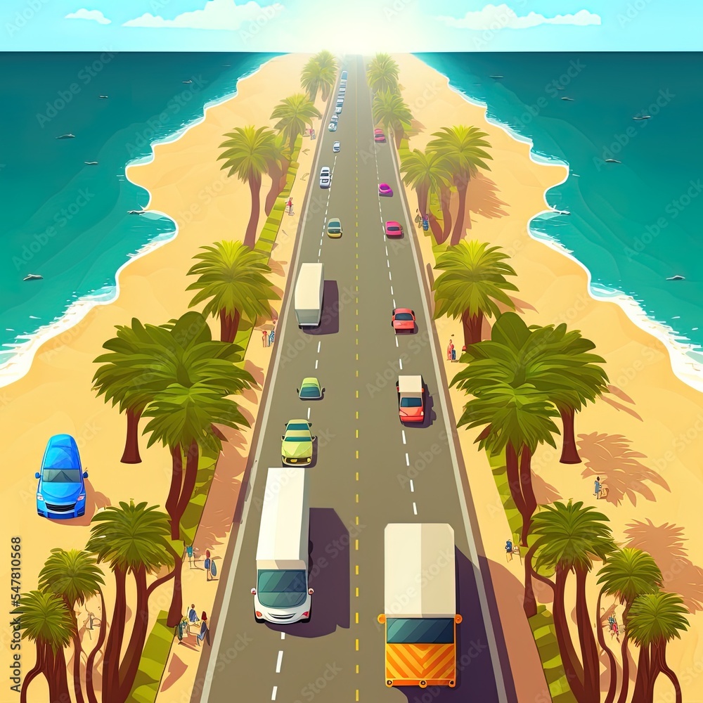 Road with cars top view, straight two lane highway along sea beach with ...