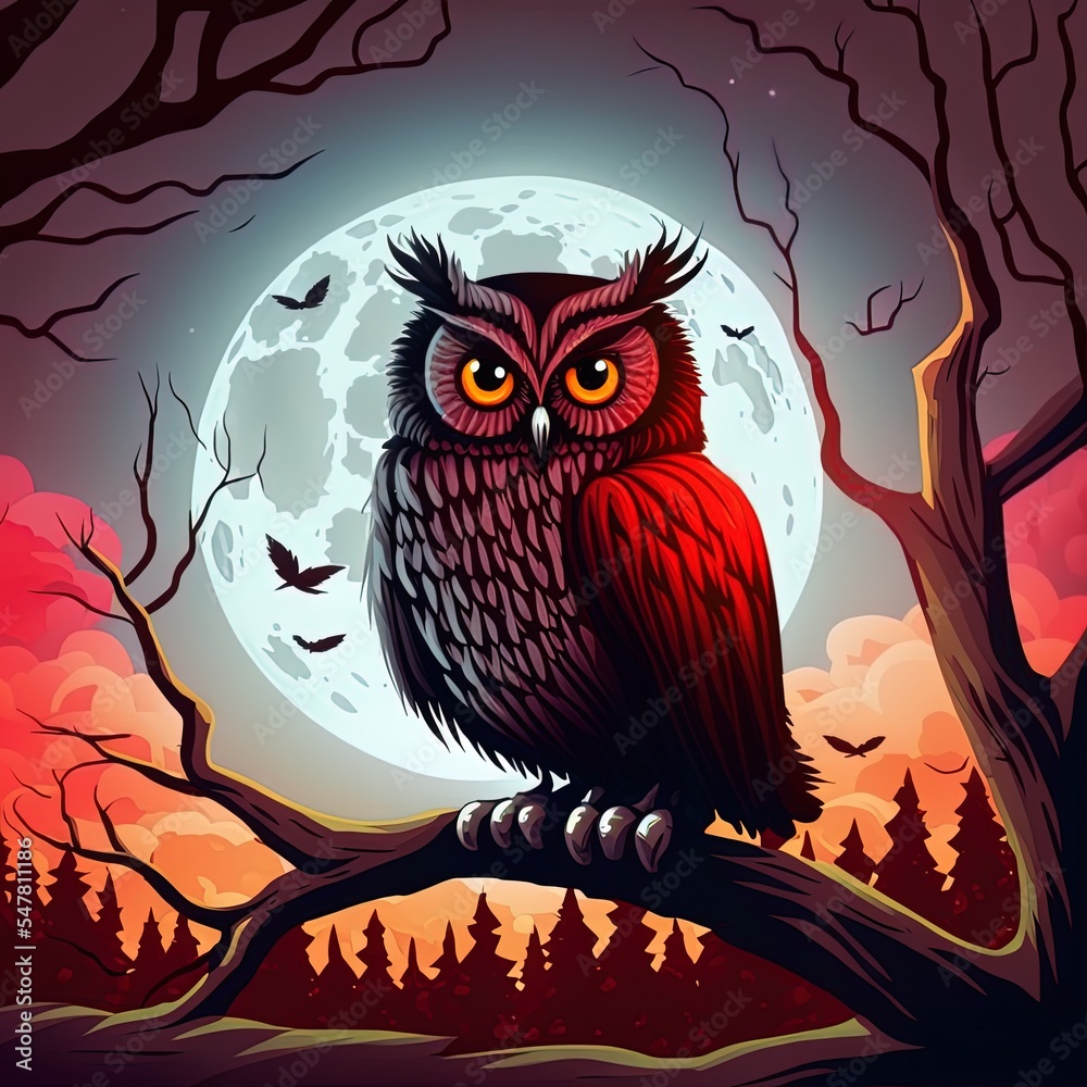 Owl bird on tree branch, dark and scary forest or woods, landscape with ...