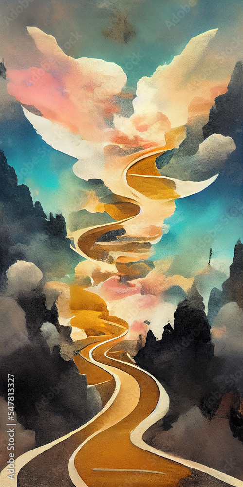 Winding Golden road, illustration / poster with overlapping forms and ...