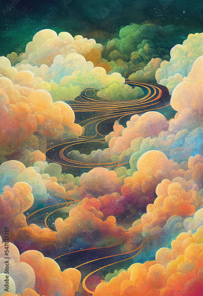 Winding Golden road, illustration / poster with overlapping forms and ...