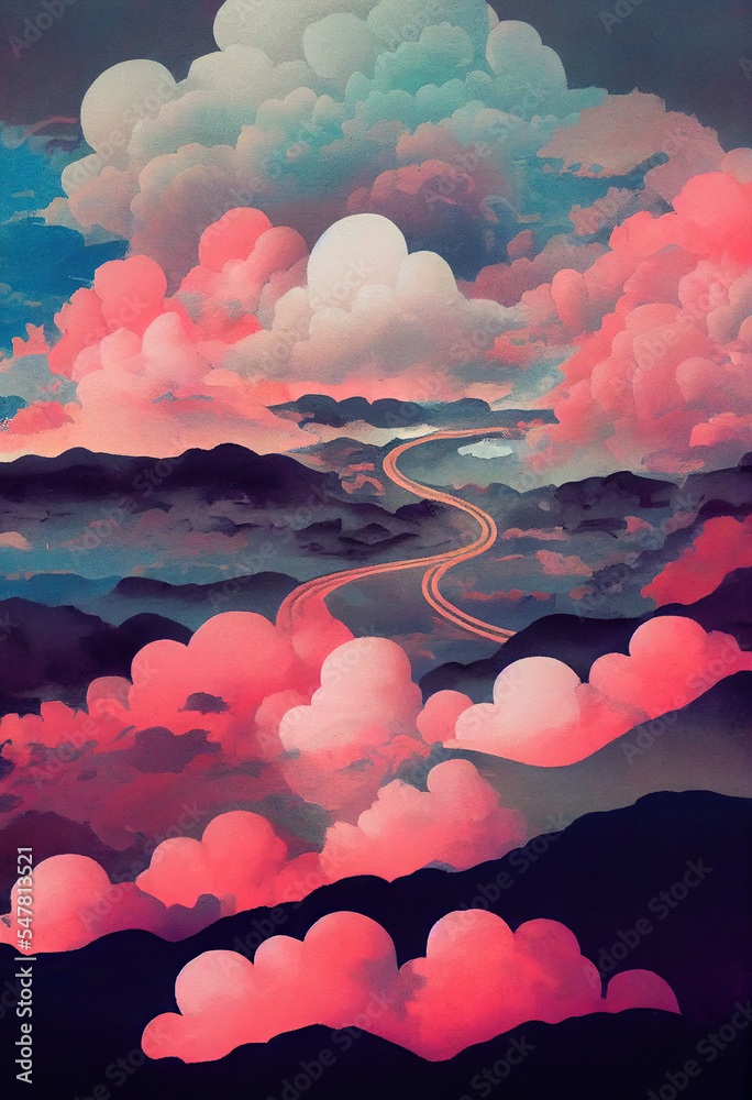 Winding Pink road, illustration / poster with overlapping forms and ...