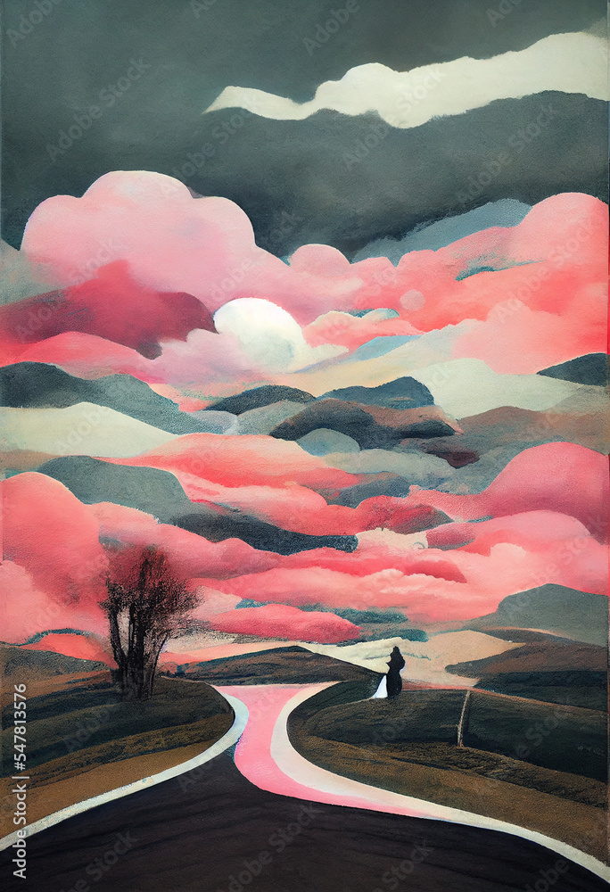 Winding Pink road, illustration / poster with overlapping forms and ...