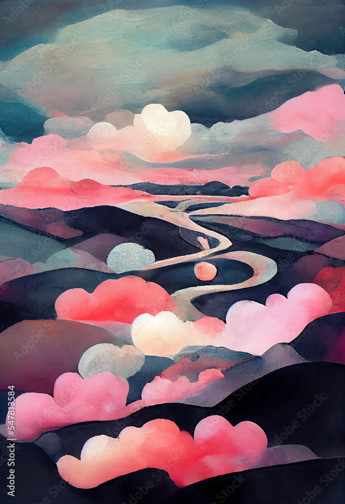 Winding Pink road, illustration / poster with overlapping forms and ...