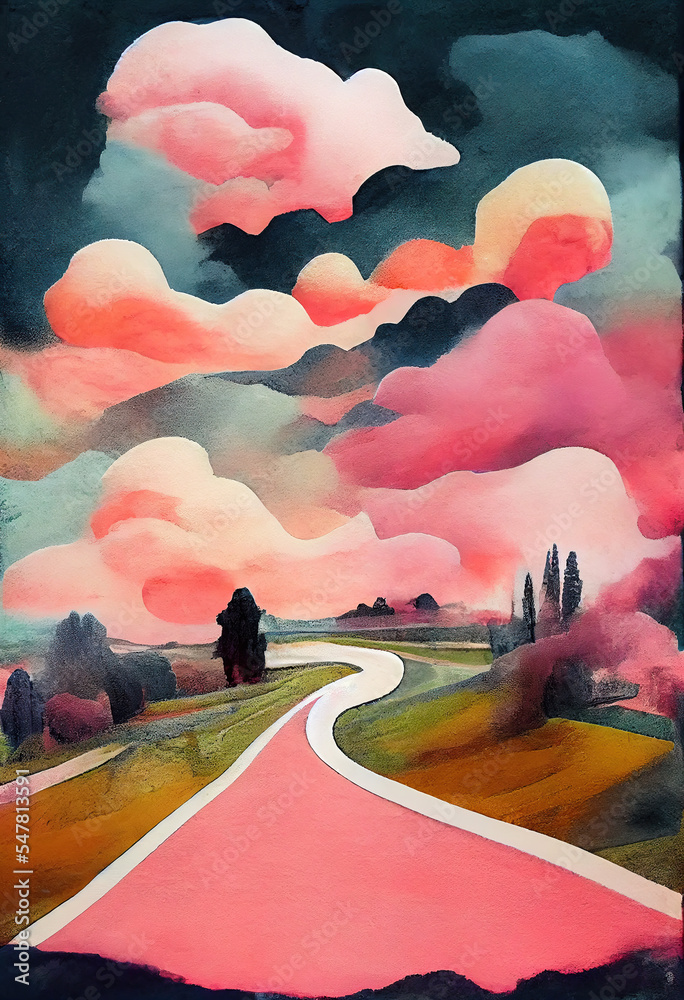 Winding Pink road, illustration / poster with overlapping forms and ...