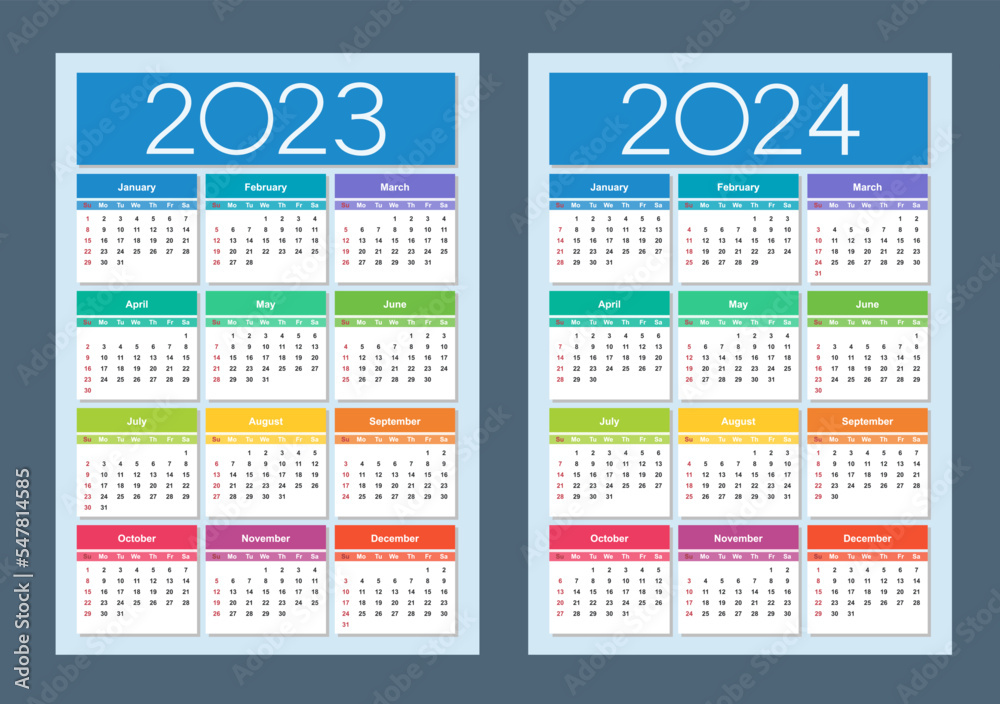 Colorful calendar for 2023, 2024 years. Week starts on Sunday. Vertical ...