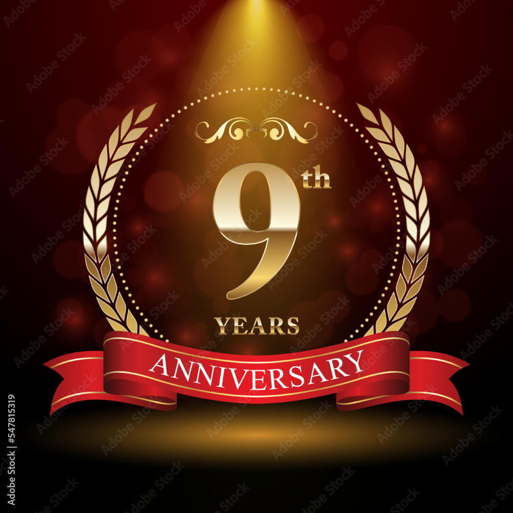 9th Anniversary. Anniversary logo design with Laurel wreath and red ...