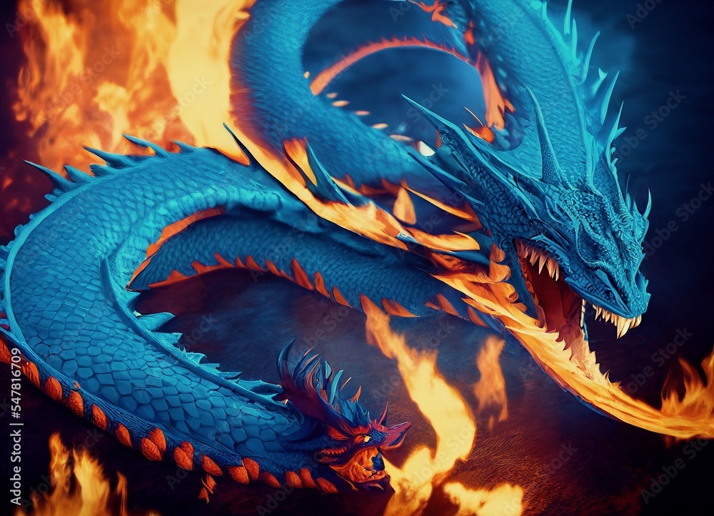 Spectacular mythical legendary creature, fantasy blue fire dragon it ...