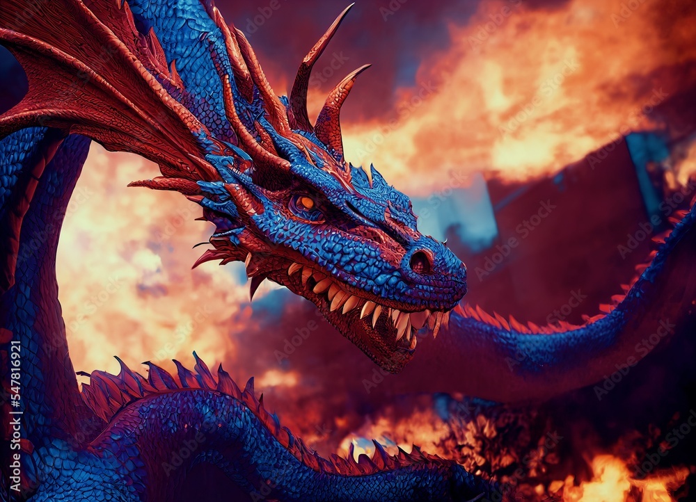 Spectacular mythical legendary creature, fantasy blue fire dragon it ...