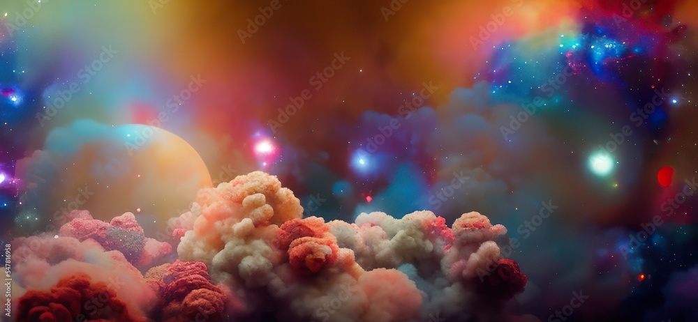 Abstract space background with stardust and fluffy pink clouds with ...