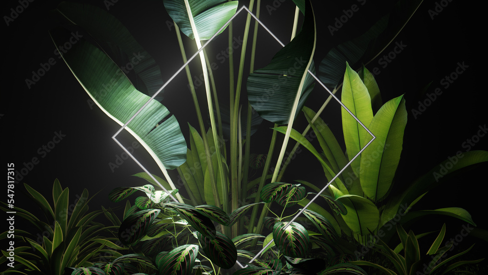 Cyber Background Design. Tropical Plants with White, Diamond shaped ...